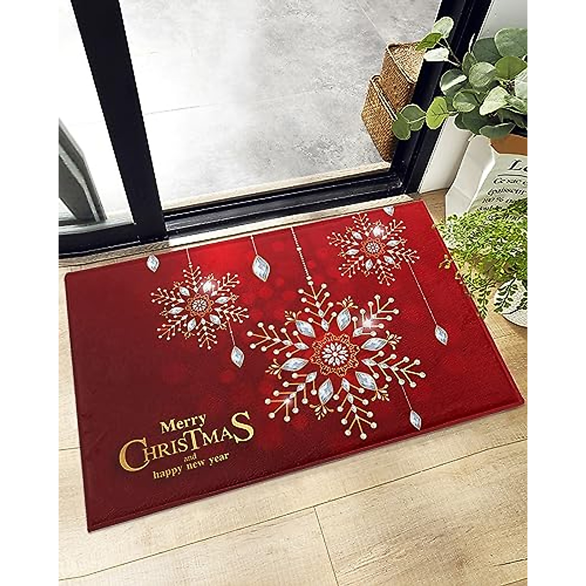 Indoor Doormat Merry Christmas Snowflake Glow Diamonds,Shaggy Floor Mat with Non-Skid Backing Dots Shadow Red Back,Machine Washable Plush Area Rug Carpets for Kitchen Nursery Bedroom