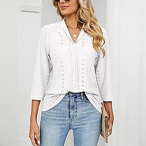 Loose Fitting Tops for Women 3/4 Sleeve Lace Crochet Lapel v Neck Shirts Casual Summer Business Work Office Blouse
