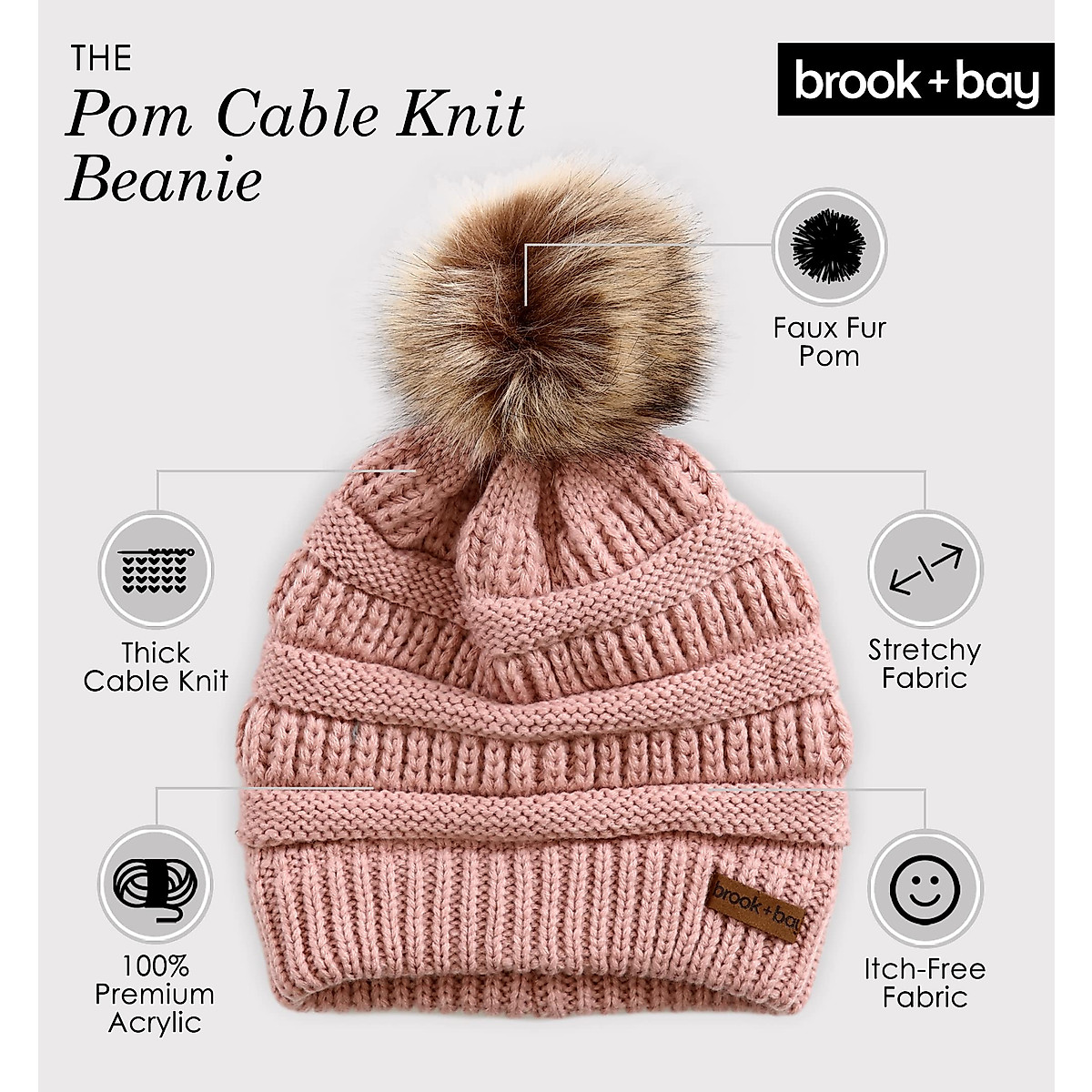 Brook + Bay - Beanie Hats for Women, Pom Pom Hat Soft Chunky Knit Beanie for Cold Weather, Stocking Cap for Women Winter Hats Pink