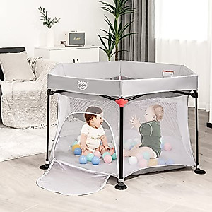 BABY JOY 53'' Outdoor Baby Playpen, Portable Large Play Yard for Babies and Toddlers w/Removable UV Canopy, Bag, Padded Mat, Foldable Travel Baby Beach Tent Play Pens for Both Indoors and Yard Grey