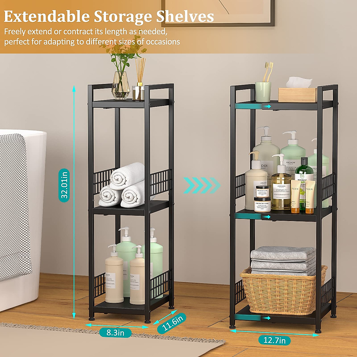 DAOUTIME 3-Tier Metal Shelving Unit, Expandable, Free-Standing, Narrow, Open Floor Shelves, Ideal for Bathroom, Kitchen, Laundry, Storage, Organization