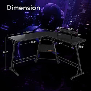 Casaottima Gaming Desk L Shaped Computer Desk, Corner Desk for Home Office with Monitor Stand 51", Black