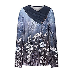 X-F58 Royal Blue Women Tshirts Gradient Dragonfly Floral Graphic Loose Fit Long Tops Tee for Women Drop Shoulder Skew Cowl Neck Lounge Fall Summer Shirts Button Up 2023 Clothes QT S