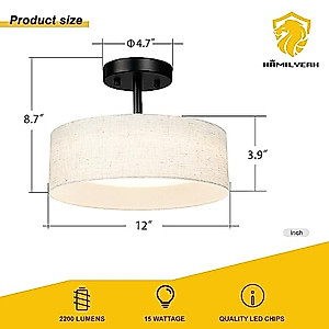 Hamilyeah Semi Flush Mount Ceiling Light with White Fabric Shade, 12 inch LED Light Fixtures Ceiling Mount, Modern LED Ceiling Light for Bedroom, Kitchen, Foyer, Living Room