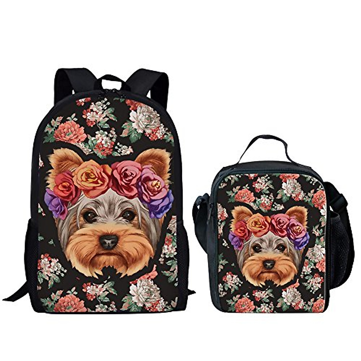 HUGS IDEA Vintage Girls School Bag Flower Yorkie Printing Backpack and Lunch Box Set for Kids