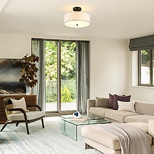 3-Light Semi Flush Mount Ceiling Light Fixture, 13" Black Drum Light, Modern Close to Ceiling Light with White Fabric Shade Lamps for Bedroom Living Dining Room Kitchen Hallway Entryway