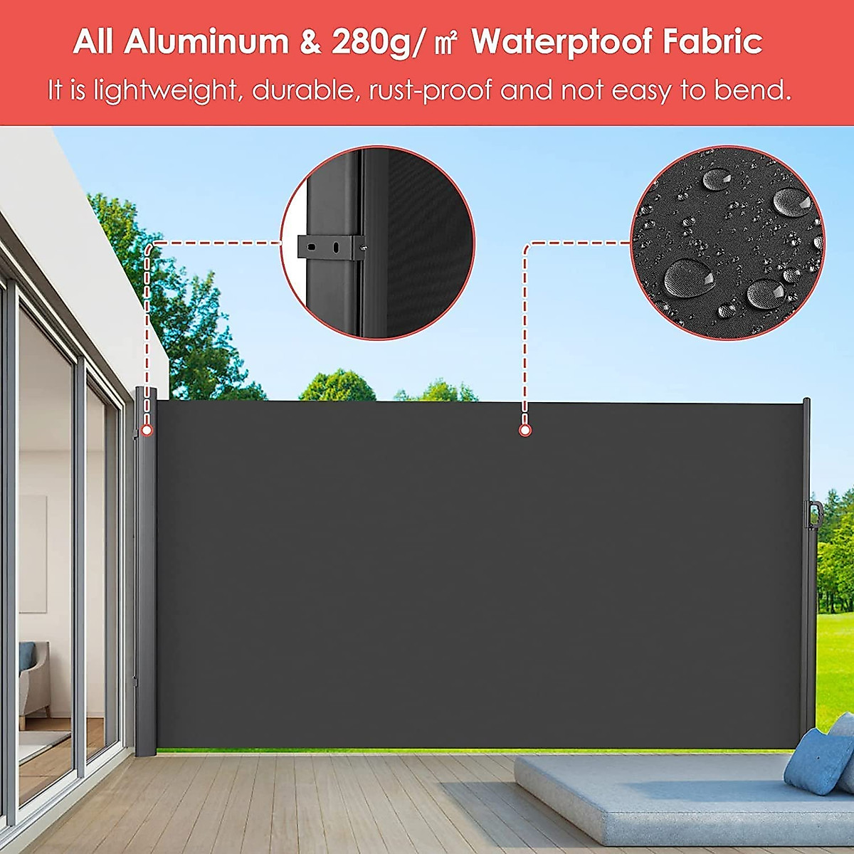 Retractable Side Screen Awning, UV Resistant, Waterproof, Patio Privacy Screen for Garden, Balcony, Courtyard(Dark Grey), 118.1" x 70.9"