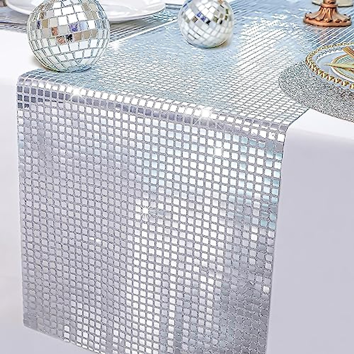 Snowkingdom 13 x 72 Inches Glitter Disco Party Table Runner Mirror Silver Table Runner Retro 70s 80s Theme Disco Ball Party Table Decorations Birthday Bachelorette Dance Party Supplies