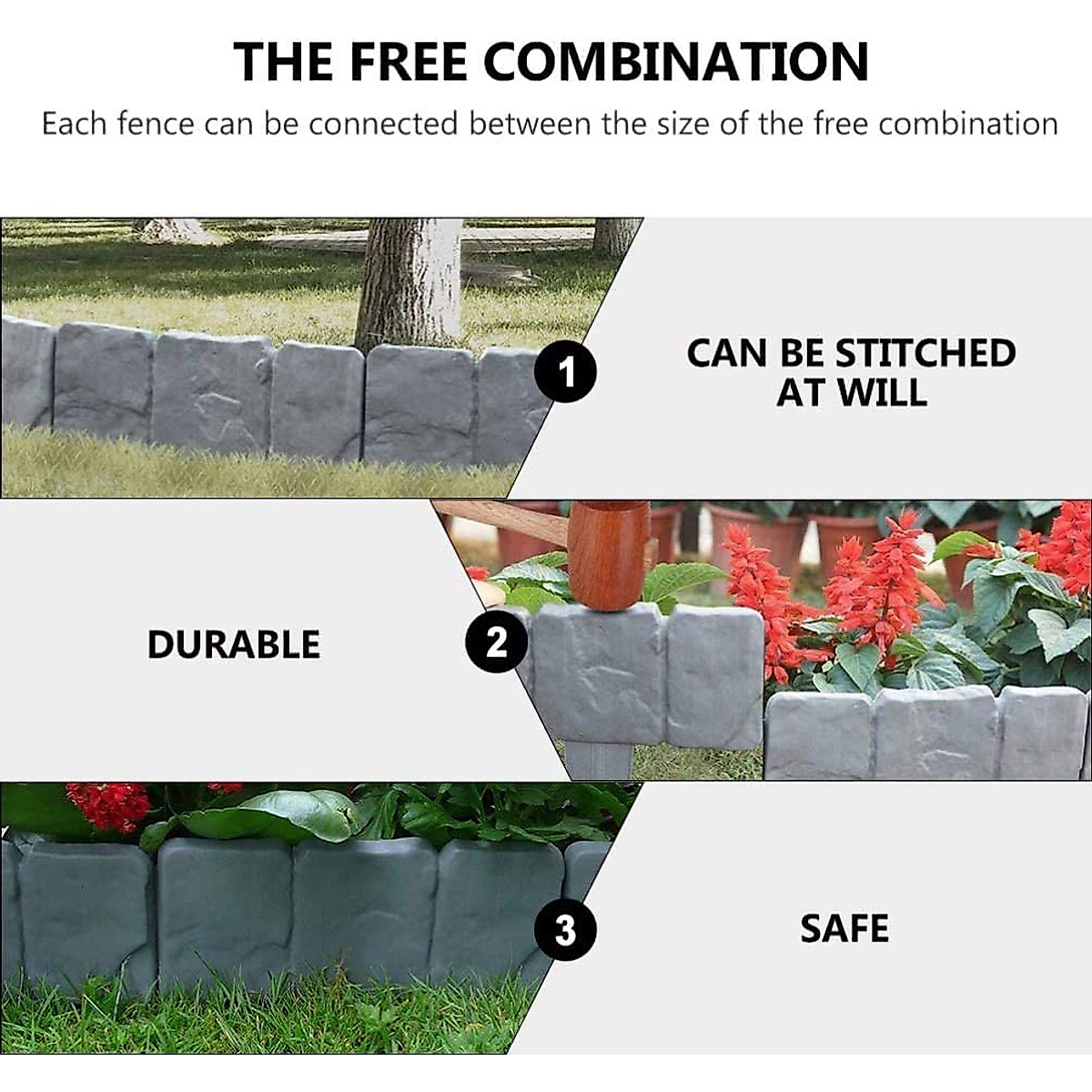 MYOYAY 80pcs Garden Landscape Border Edging - 65ft Plastic Fencing Lawn Border Stone Effect Fence for DIY Decorative Flower and Grass Bed Edging,Interlocking Outdoor Lawn Stakes(Grey)