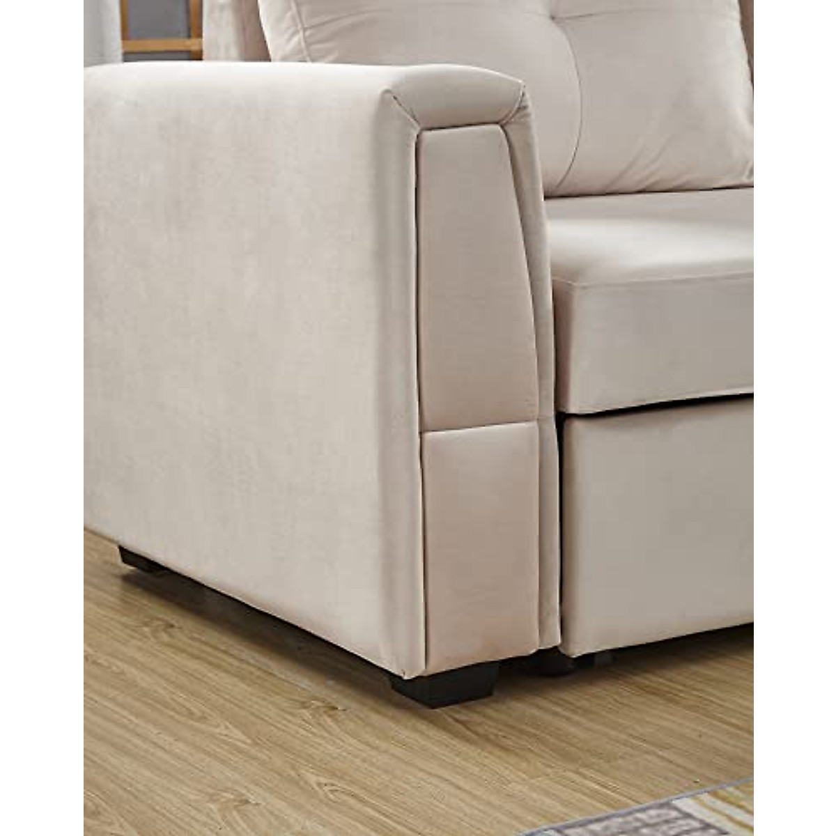 Legend Vansen 91" Wide Reversible Sofabed Sectional Sofas with Chaise，Velvet Storage L-Shape Twin Size for Living Room Couch Sleeper, Cream