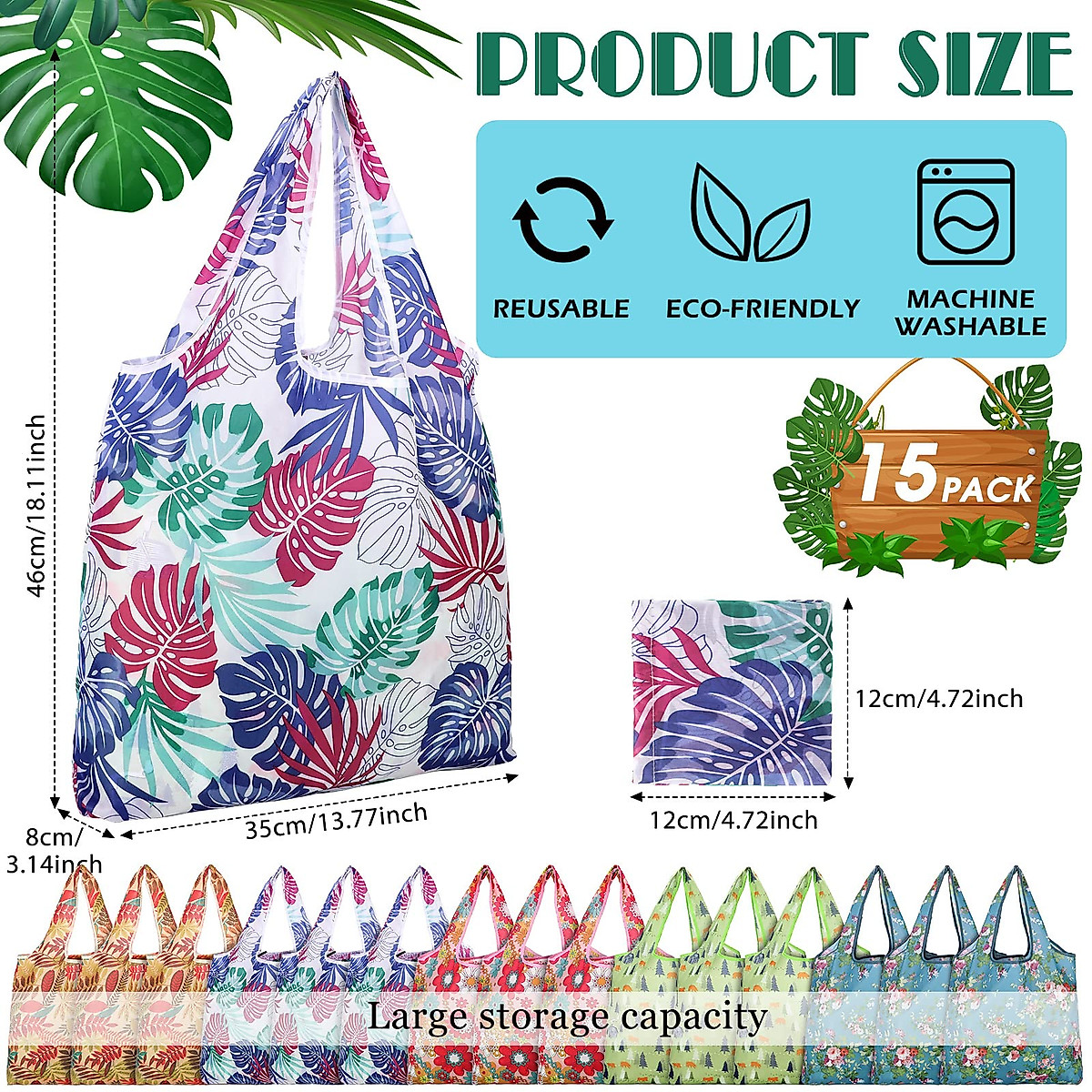 15 Pack Reusable Grocery Bags 50LBS Foldable Grocery Shopping Bags Nylon Tote Washable Bag with Handles Large Waterproof Tote (Plant Style)