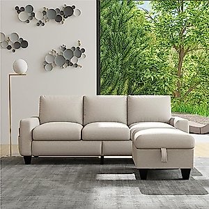 Sectional Sofa L-Shaped Couch, Couches for Living Room with Reversible Storage Chaise & Side Storage Pockets, 3-Seat Linen Modular Sofa for Living Room/Apartment/Dorm/Office/Small Space (Beige)