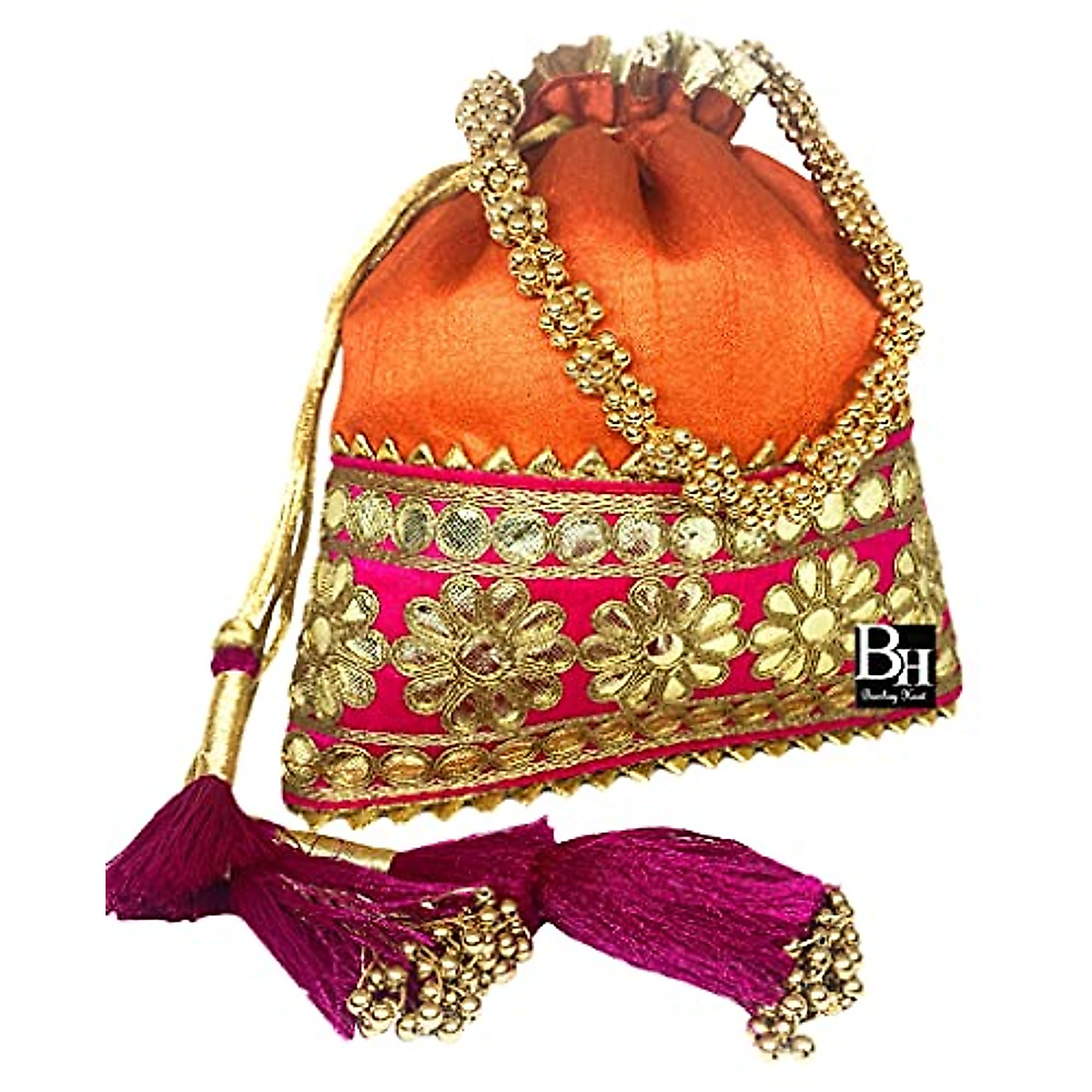 Bombay Haat Ethnic Indian Designer Silk Potli Bag Purse Evening Bag Clutch Purse for Wedding Party Cocktail Prom Gifting (Orange)