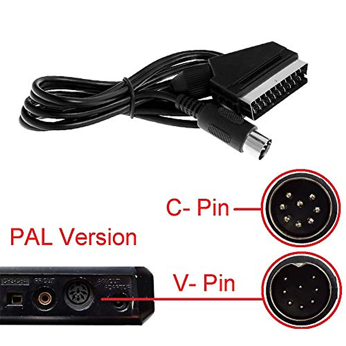 Calvas Black Broom Shaped Accessories Scart Cable AV Professional Lead Game Console Replacement Connection For Sega Mega Drive 1 - (Color: V Us)