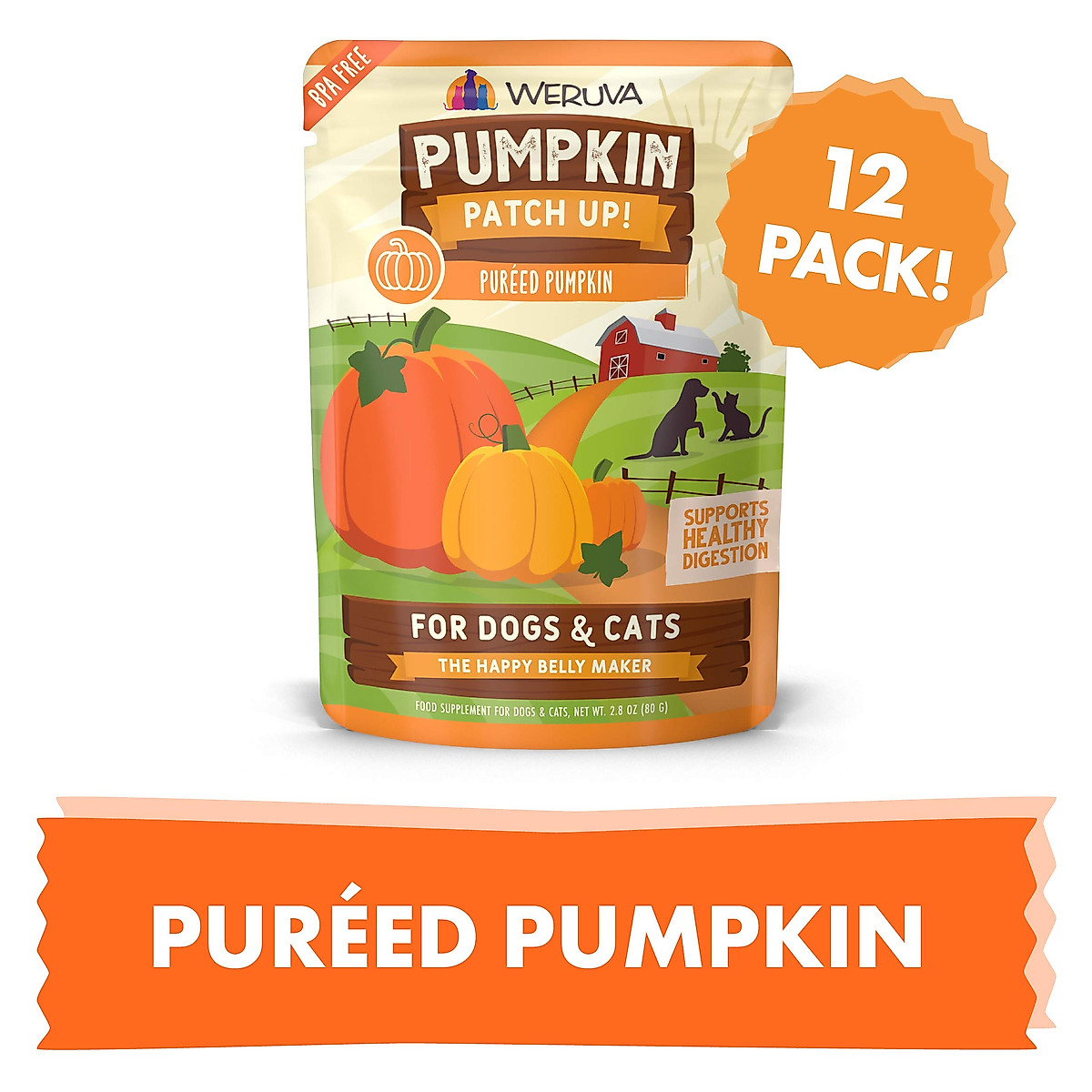 Weruva Pumpkin Patch Up!, Pumpkin Puree Pet Food Supplement for Dogs & Cats, 2.80oz Pouch (Pack of 12)