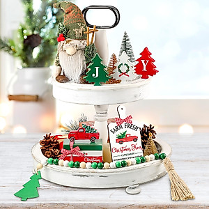 Christmas Tiered Tray Decor Christmas Book Stack Wooden Truck Tree Decor Farm Fresh Christmas Trees Wooden Block Sign Farmhouse Xmas Tree Gnomes Plush Beads Garland Decor Set for Home Table (Joy)