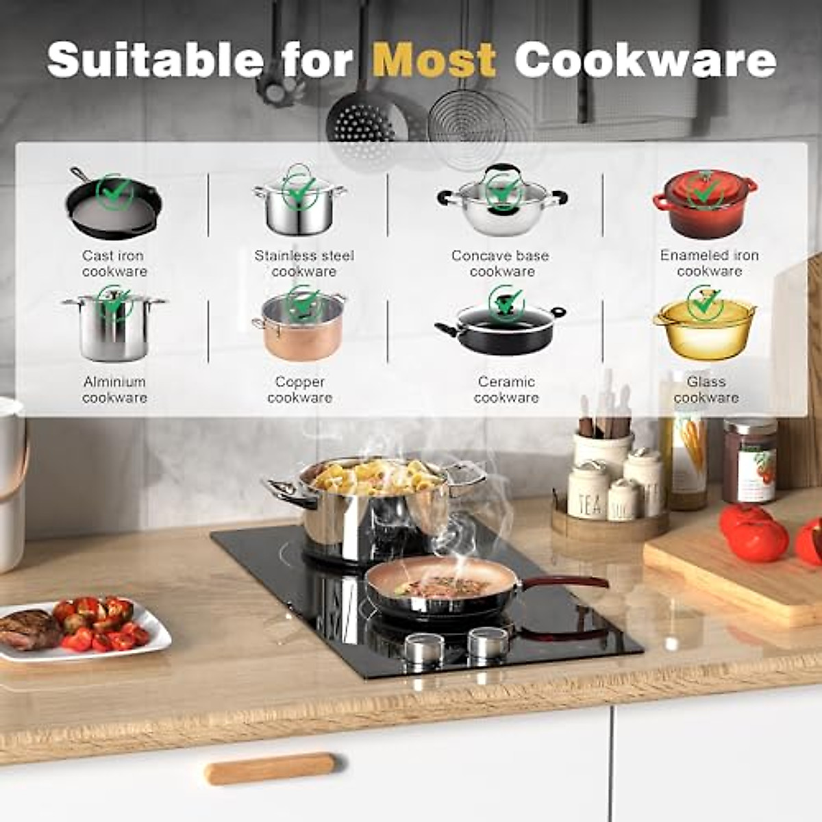 2 Bruner Electric Cooktop, Plug in Electric Cooktop 110v, 12 Inch Kitchen Electrics Stove Countertop & Built-In, Knob and Touch Control, 9 Power Levels, 2000w, Safety Lock, Pause, Timer, Karienvir