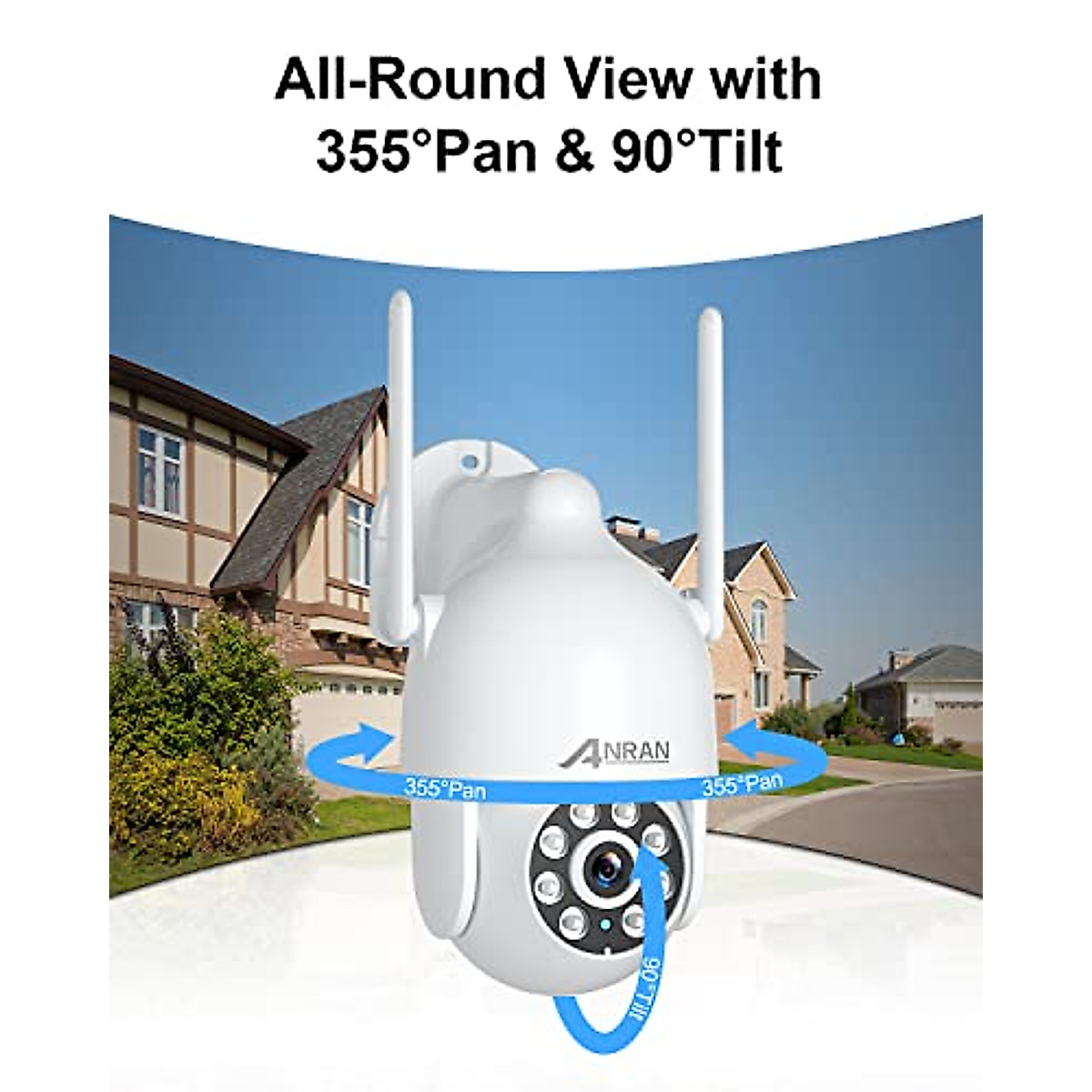 ANRAN Security Camera Outdoor with Spotlight and Siren, 2K 2.4g WiFi PTZ Wired Camera Outdoor with 360° View, Color Night Vision, IP66 Waterproof, Two-Way Audio, SD and Cloud Storage, P2 White