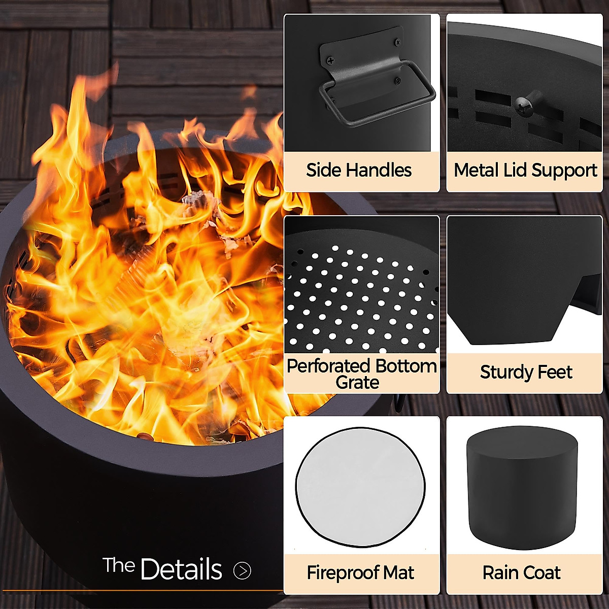 Yaheetech Fire Pit 23.5in Smokeless Fire Pit Tabletop with Stand Outdoor Wood Burning Firepit Set for Outside Camping with Silicone Mat & Fire Poker & Rain Cover & Lid & Log Grate