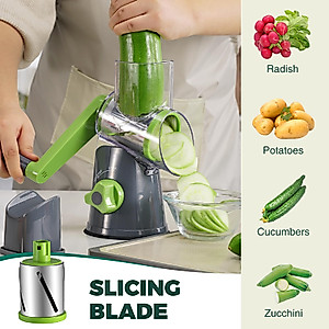 Cheese Grater with Handle, Kitchen Manual Cheese Shredder with 3 Interchangeable Blades, Rotary Cheese Grater Handheld with Strong Suction Base, Vegetable Slicer Nuts Grinder with Clean Brush