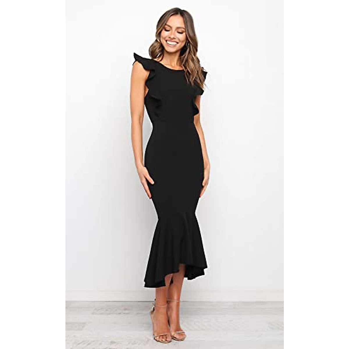 PRETTYGARDEN Womens Elegant Sleeveless Cocktail Dress Ruffle Mermaid Wedding Guest Midi Formal Dresses Black