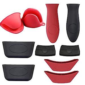 10 PCS Silicone Hot Handle Holder and Pot Holder Cover(with 2 Mini Oven Gloves),Removable Non Slip Hot Resistant Pot Holder Sleeves for Cast Iron Skillets Frying Pans Cookware Handles.