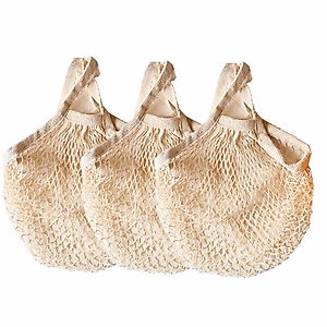 AHYUAN Ecology Reusable Cotton Mesh Grocery Bags Cotton String Bags Net Shopping Bags Mesh Bags Pack of 3 (Beige)