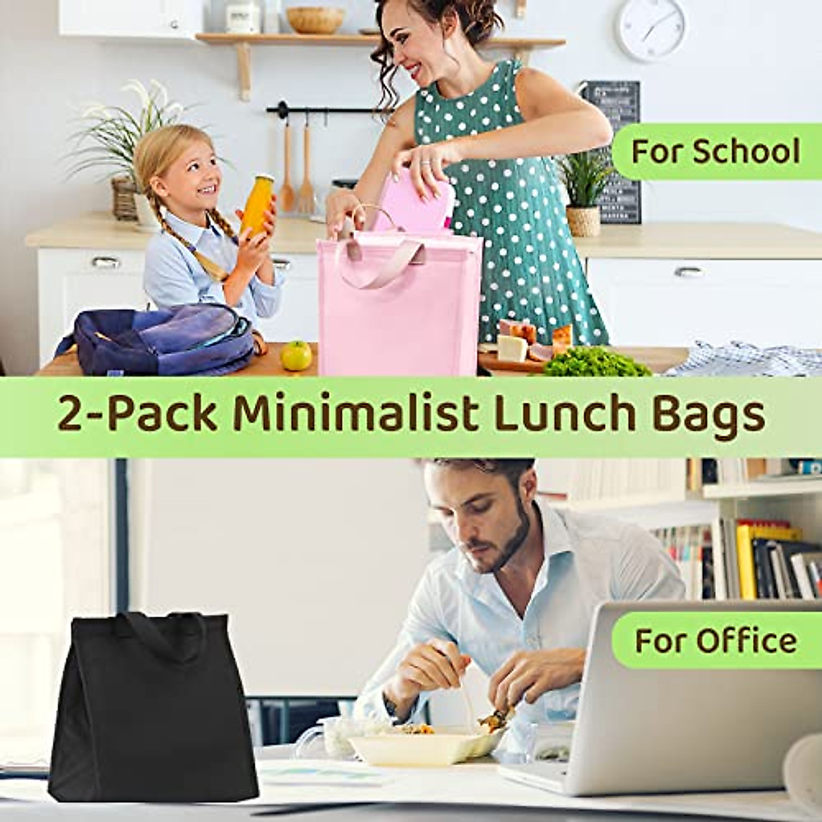 Deegotech Lunch Bag Women, 2Pack Large Insulated Lunch Box, Reusable Cooler Bags for Adult Men, Leakproof Lunch Tote Bags for Work Office Camping Picnic [Pink+Black]