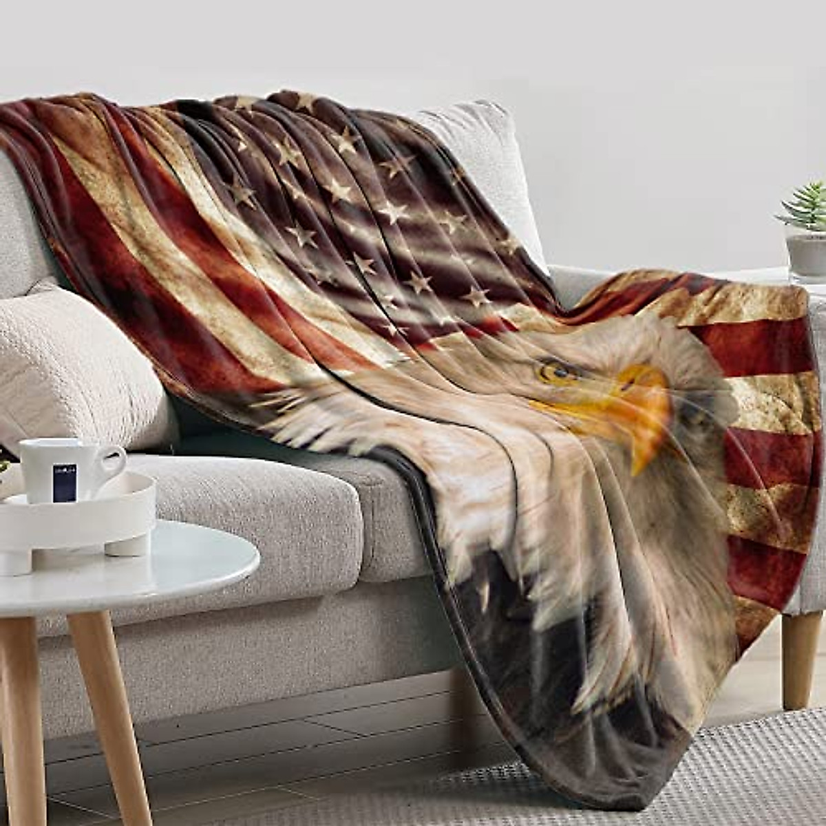 Retro Eagle Flannel Blankets American Flag Fleece Throw Blanket Soft Patriotic Air Conditioning Blanket for Couch Sofa Bed 50"X60"
