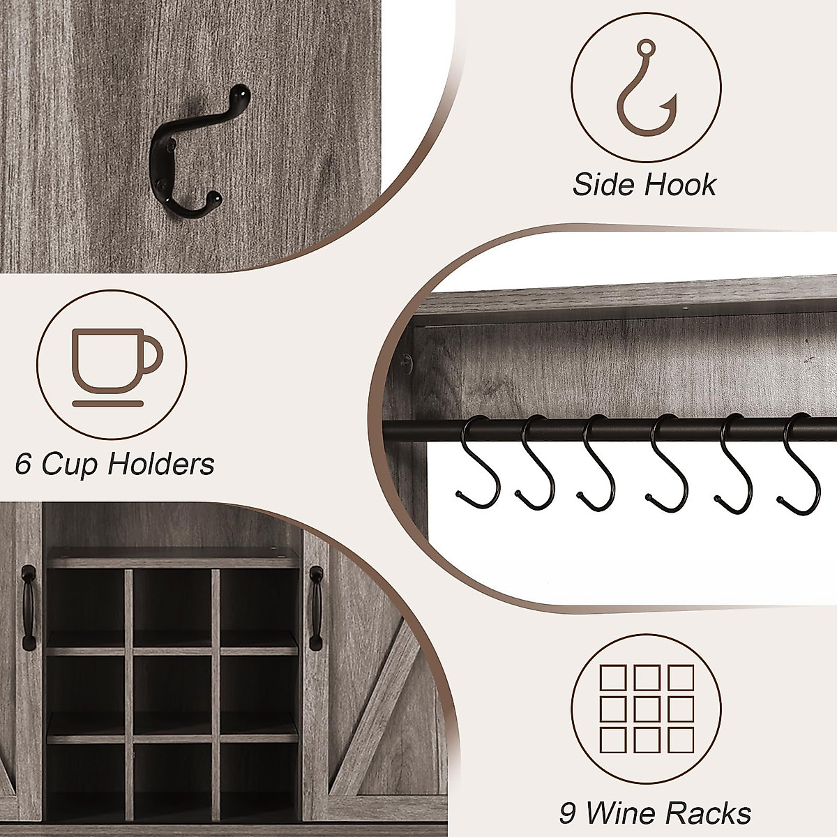 4 EVER WINNER Farmhouse Coffee Bar Cabinet with 9 Racks, Sideboard Buffet Cabinet for Liquor with 6 Hooks & Adjustable Shelves, Large Wine Bar Cabinet for Kitchen Dining Room, Wash Grey