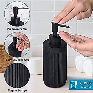 Bathroom Accessory Set,5 PCS Black Bathroom Accessories Set Complete with Lotion Soap Dispenser,Toothbrush Holder,Qtip Holder,Vanity Tray and Soap Dish,Bathroom Decor Countertop Organizer,Matte Black