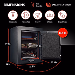 SentrySafe Fireproof and Waterproof XX-Large Black Steel Home Safe, DOJ-Certified with Digital Keypad Lock for Guns or Documents, 3.39 Cubic Feet, 27.8 x 21.7 x 19 Inches, EF3428E