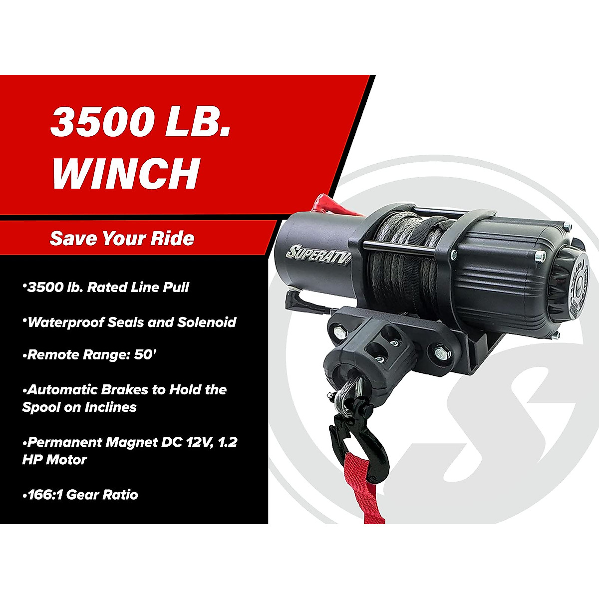 SuperATV Black Ops 3500 LB Winch Kit For UTV/ATV | Waterproof Seals And Solenoid | 12 Volt Winch | 1.2 HP Motor | 166:1 Gear Ratio