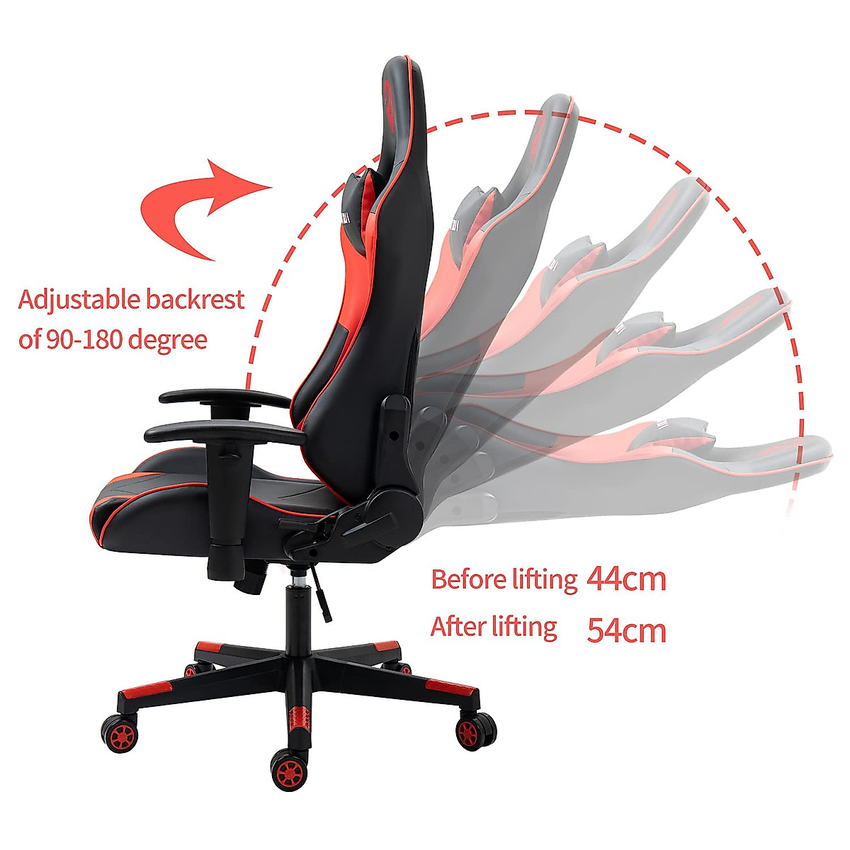 ALINUNU Gaming Chair, Video Game Chair, Computer Office Chair, High-back Ergonomic Racing Seat, Lumbar Support, Adjustable Backrest, Can Recline Gaming Chair (RED)