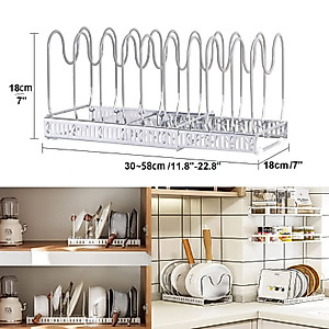 S SNUOY Pot and Pan Organizer Expandable Pan Lid Organizer Rack for Cabinet Pot Lid Holder Rack with 10 Adjustable Compartment for Pot Lids Cutting Boards,White