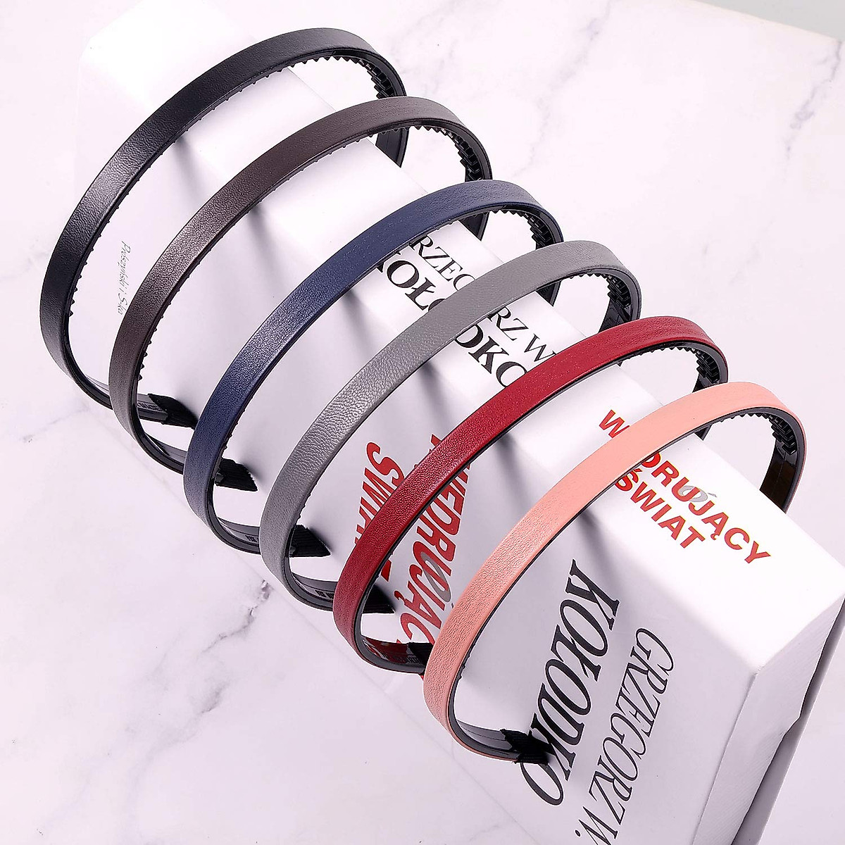 WILLBOND 6 Pieces Skinny Leather Covered Headband Plastic Skinny Headband Hair Loop Clasp Hairbands Solid Simple Headband for Women(1.1 cm,Matte Pink, Wine Red, Navy Blue, Coffee, Black and Grey)