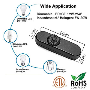 Inline Lamp Switch 2-Pack, Full Range Rotary Dimmer Switch, Cord Switch Replacement for Floor Lamp, Table Lamp, Pendant Light, Fit for Incandescent, Halogen Bulbs, Dimmable LED Lights