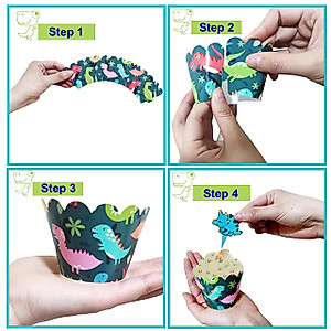 48Pcs Dinosaur Cupcake Toppers and Wrappers, Reversible Cupcake Liners with Dinosaur Picks - Cute Mini Cake Decorations for Baby Shower, Birthday Party - Jurassic World Theme Dino Party Supplies Decor