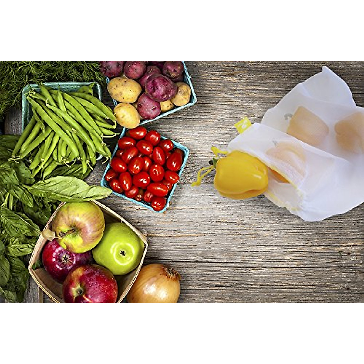 BahrEco Reusable Produce Bags - Premium Washable Mesh Bags for Grocery Shopping & Storage of Fruit Vegetable & Garden Produce - Eco Friendly Net Bags