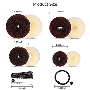 FANDAMEI Hair Donut Bun Makers Set - 4 Dark Brown & 4 Beige (2 Extra-Large, 2 Large, 2 Medium, 2 Small), 5 Elastic Bands, 20 Hair Pins