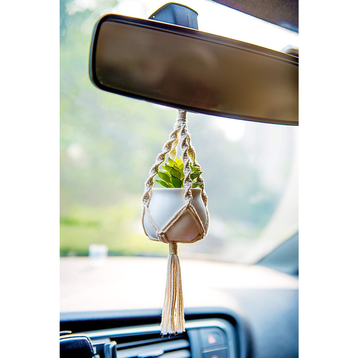 Dahey Mini Macrame Plant Car Accessories Rear View Mirrior Charm Cute Hanging Rearview Car Decor Boho Hanger with Artificial Succulent for Plant Lover, 2 Pcs, 10.5 inch, White