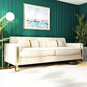 Couch 85.62" 3 Seats Sectional Velvet Fabric Sofa Easy Assemble Sofa Bed with 2 Couch Pillows,Gold Metal Legs for Living Room (P17, 2 PCS Beige)