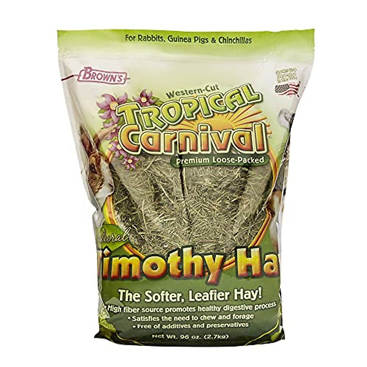 F.M. Brown's Tropical Carnival, Natural Timothy Hay for Guinea Pigs, Rabbits, and Other Small Animals, with High Fiber for Healthy Digestion, 96 oz