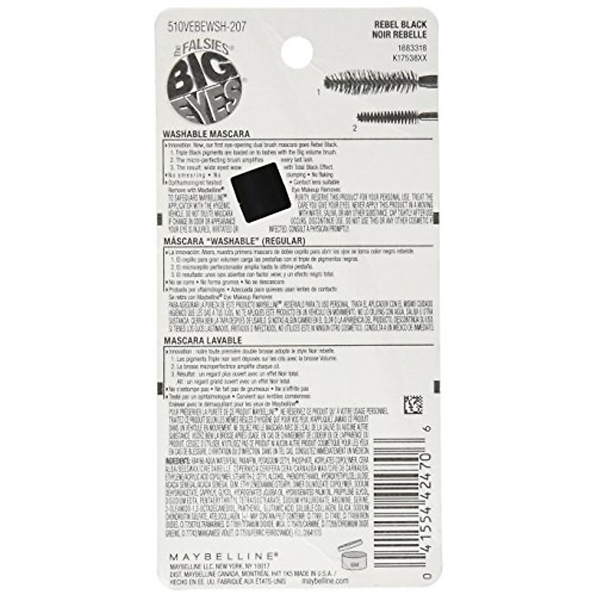 Maybelline New York The Falsies Big Eyes Washable Mascara, Rebel Black, 0.30 Fluid Ounce