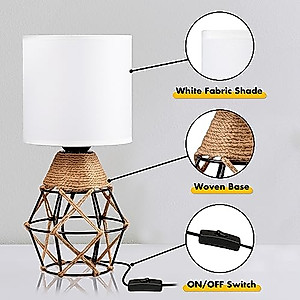 Hamilyeah Boho Lamp, Woven Table Lamp for Nightstand with On/Off Switch, Bedroom Lamp with White Fabric Shade, Simple Lamp for Bedside, Living Room