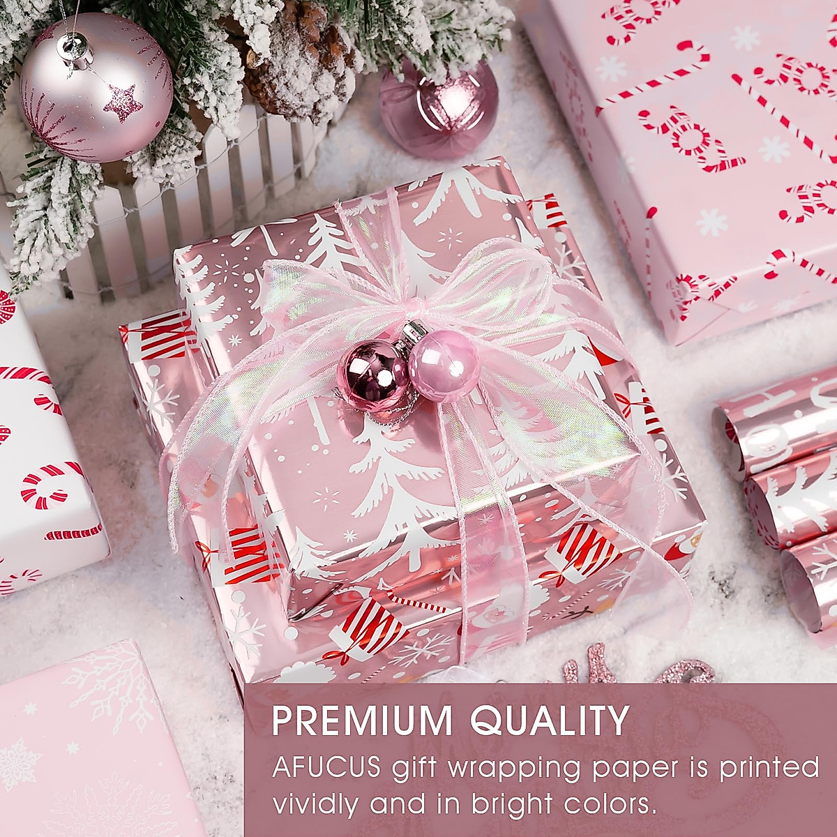 Afucus Reversible Pink Christmas Wrapping Paper, Christmas Tree, Joy Candy Cane, Snowflake, Reindeer, and HO Santa Laughter Themed Gift Wrap Paper, Mini Rolls for Christmas (17 Inch X 120 Inch)