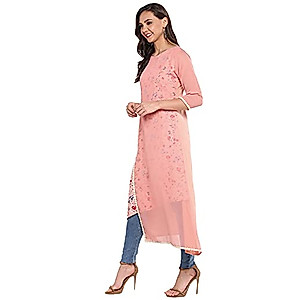 Janasya Indian Women's Tunic Tops Crepe Kurti for Women(JNE3252-KR-S) Pink