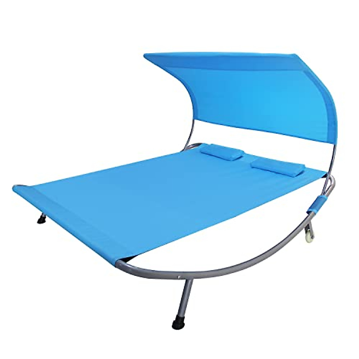 COVERCO Patio Double Chaise Lounge Bed with Canopy,Headrest Pillow and Wheels,Portable Outdoor Hammock Bed for Patio, Yard, Pool (Blue) 2