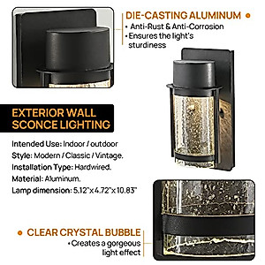 UP TO NEW Outdoor LED Wall Light Fixture, 3000K Porch Light Wall Sconce with Seeded Glass, Matte Black Wall Lantern Exterior Lighting for House Backyard Patio