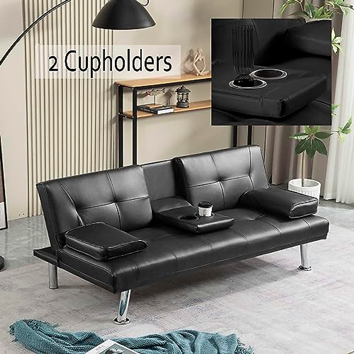 RIDFY 66.5” Modern Futon Sofa Bed with Metal Legs/2 Cupholders, Convertible Folding Upholstered Loveseat, Memory Foam Living Seat with Removable Armrests for Compact Spaces/Apartments/Office (Black)